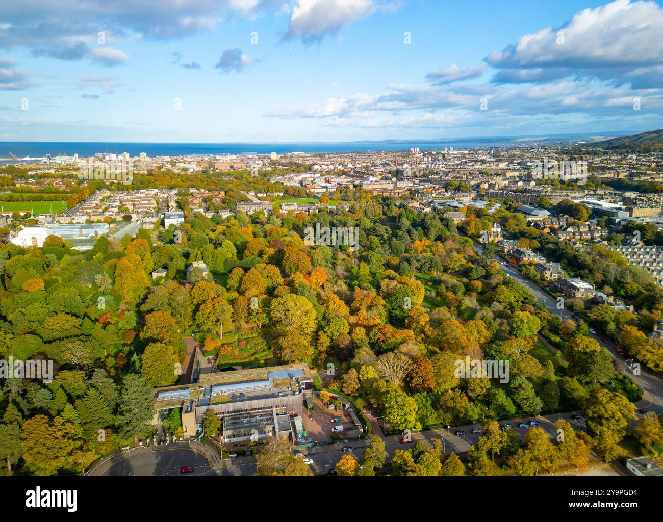Aerial view of Royal Botanic Garden with trees in autumn colours ...