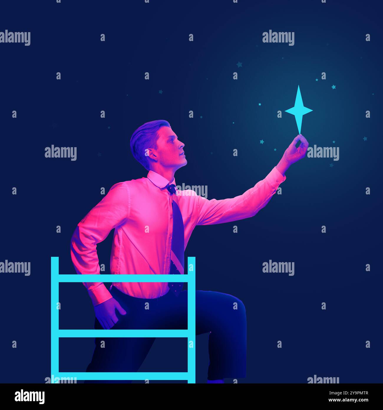 Man in suit climbing ladder, reaching for bright star in night sky ...