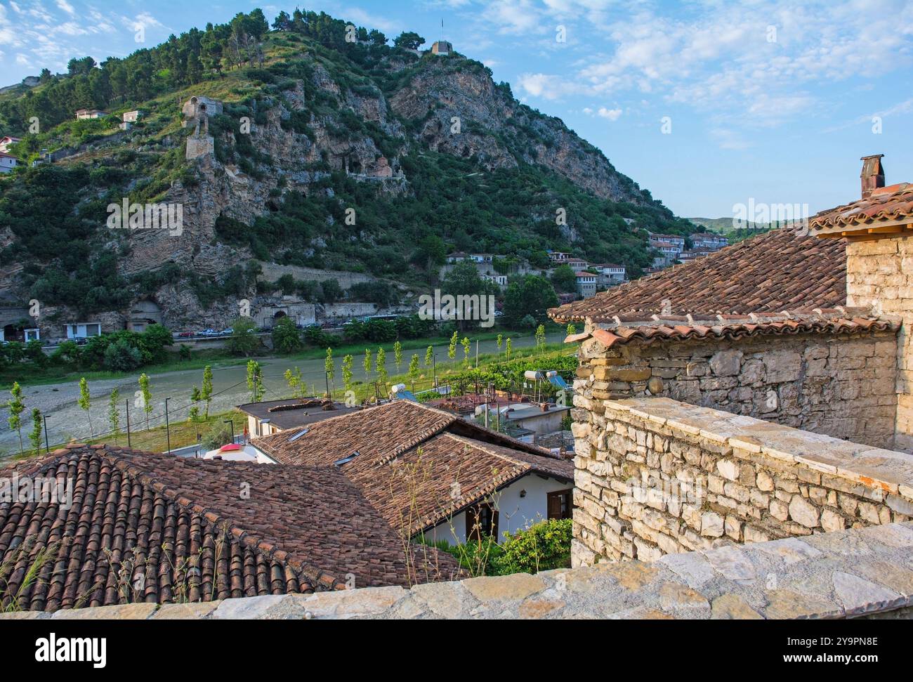 The historic Kalaja Castle Hill in Berat viewed from the Gorica quarter ...
