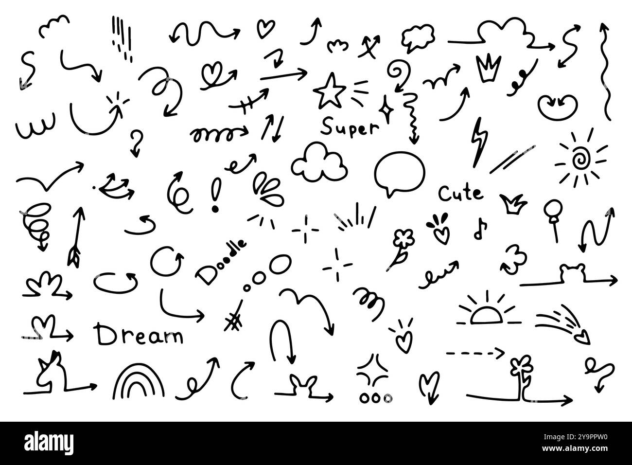 Doodle arrow set, cute heart, arrow, star, sparkle decoration symbol ...