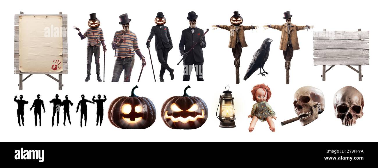 Set of horror Halloween characters and creepy objects, isolated on ...