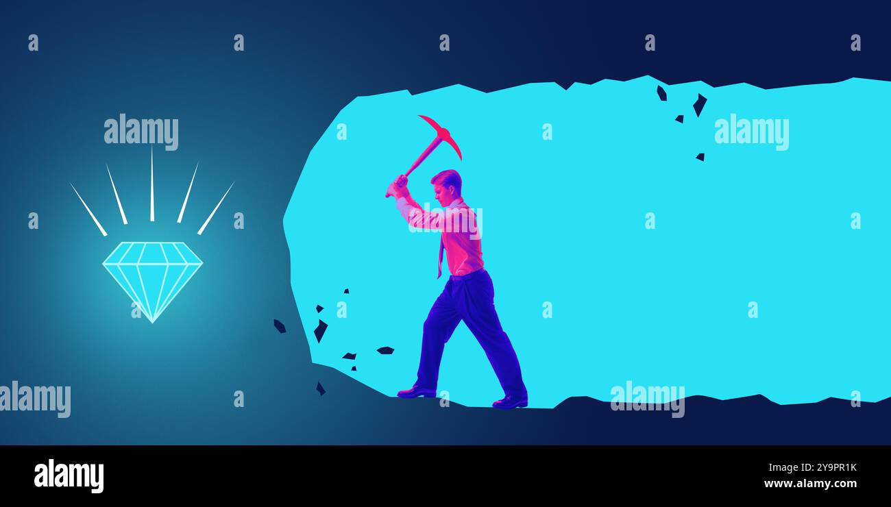 Businessman digging through rock wall with pickaxe, revealing glowing ...