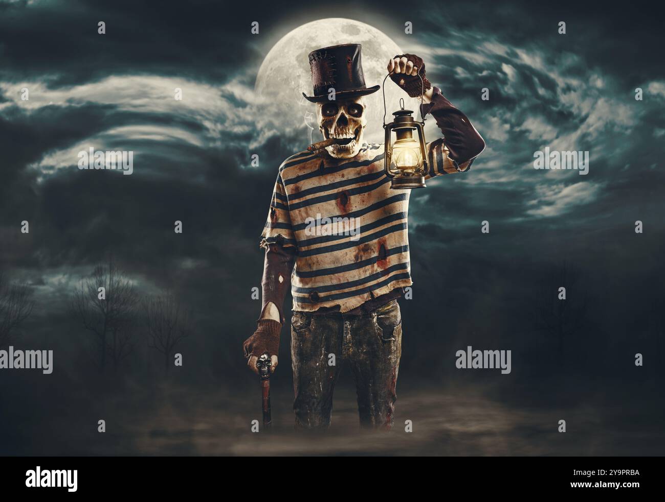 Scary evil character with skull head and torn bloody clothes looking at ...