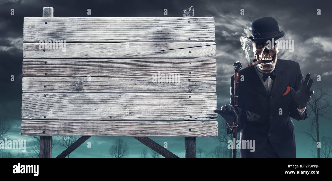 Scary character with suit and bowler hat standing next to an old blank ...