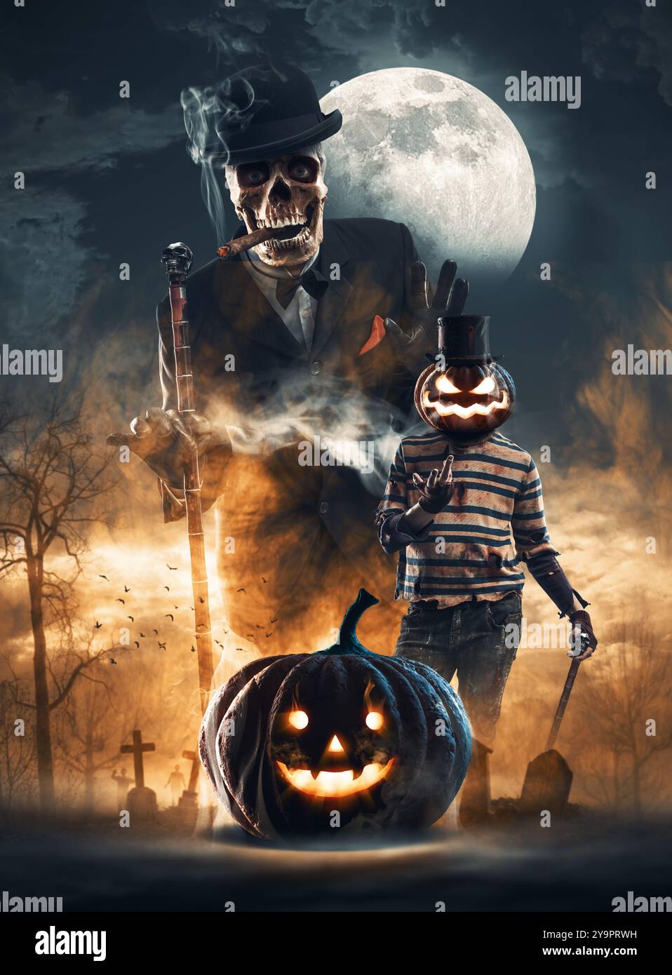 Horror Halloween poster with spooky characters and scary old graveyard ...
