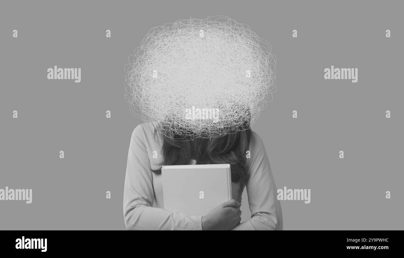 A young woman with a tangled mass of lines obscuring his face, mental ...