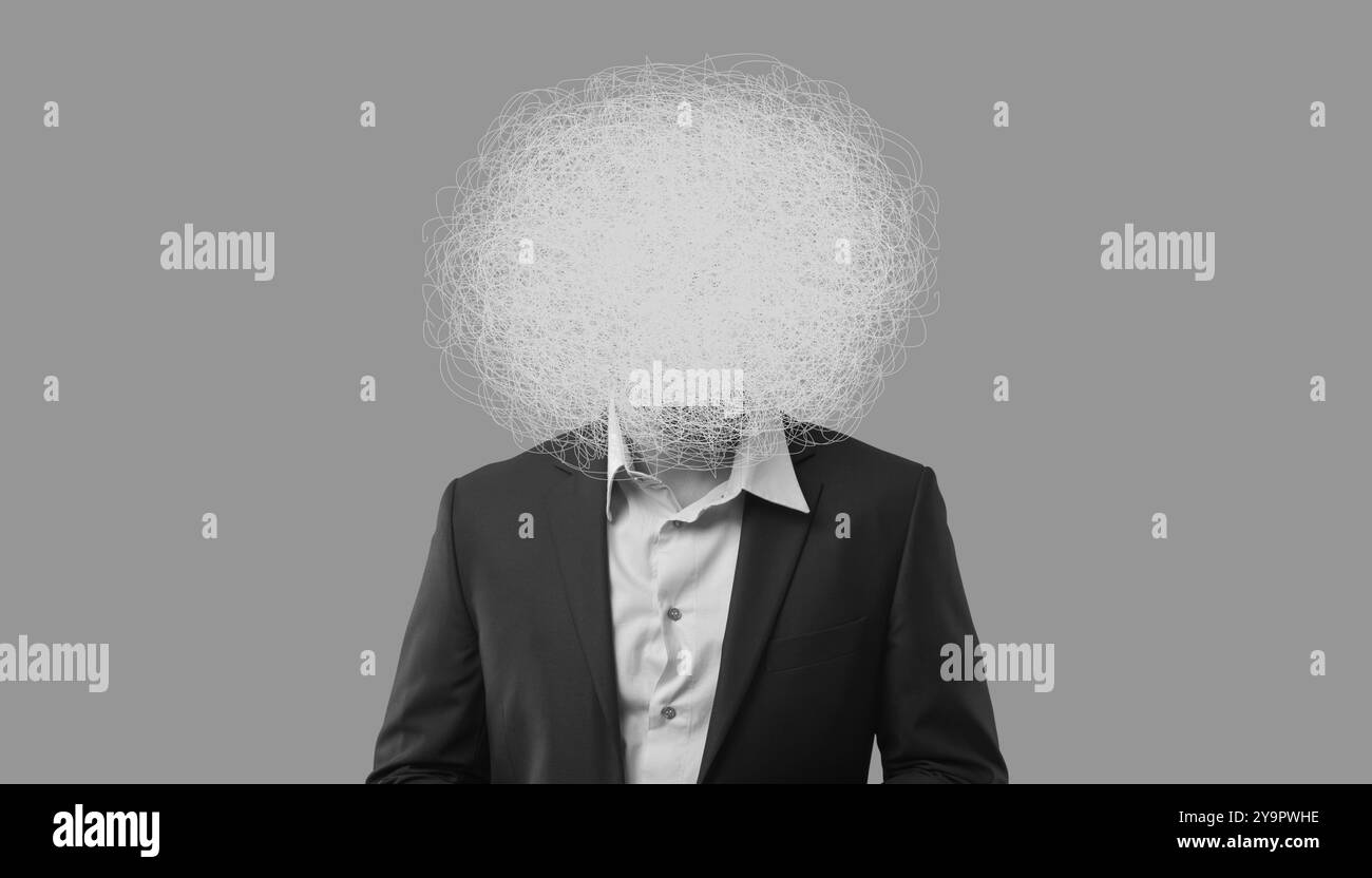 A man with a tangled mass of lines obscuring his face, mental confusion ...
