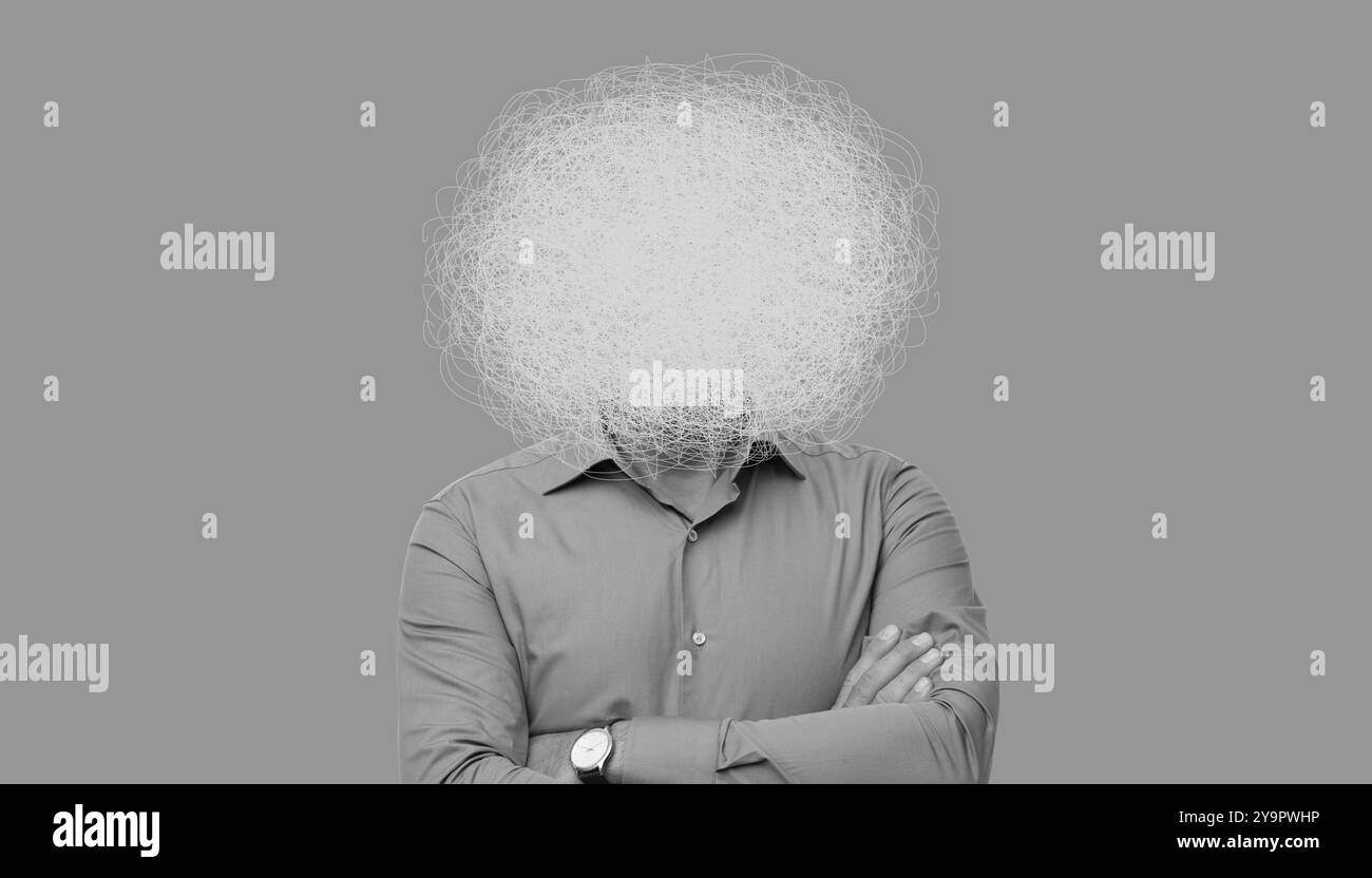 A man with a tangled mass of lines obscuring his face, mental confusion ...