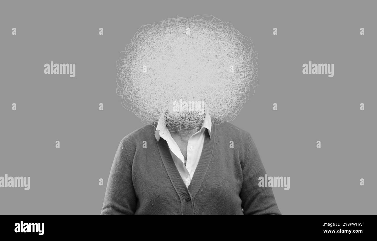 A elderly woman with a tangled mass of lines obscuring his face, mental ...