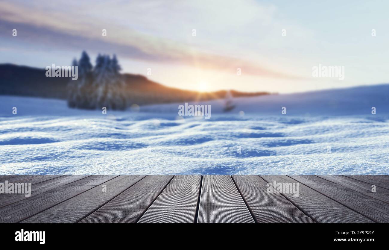 Wintry landscape with sun rising and wooden walkway background: nature ...