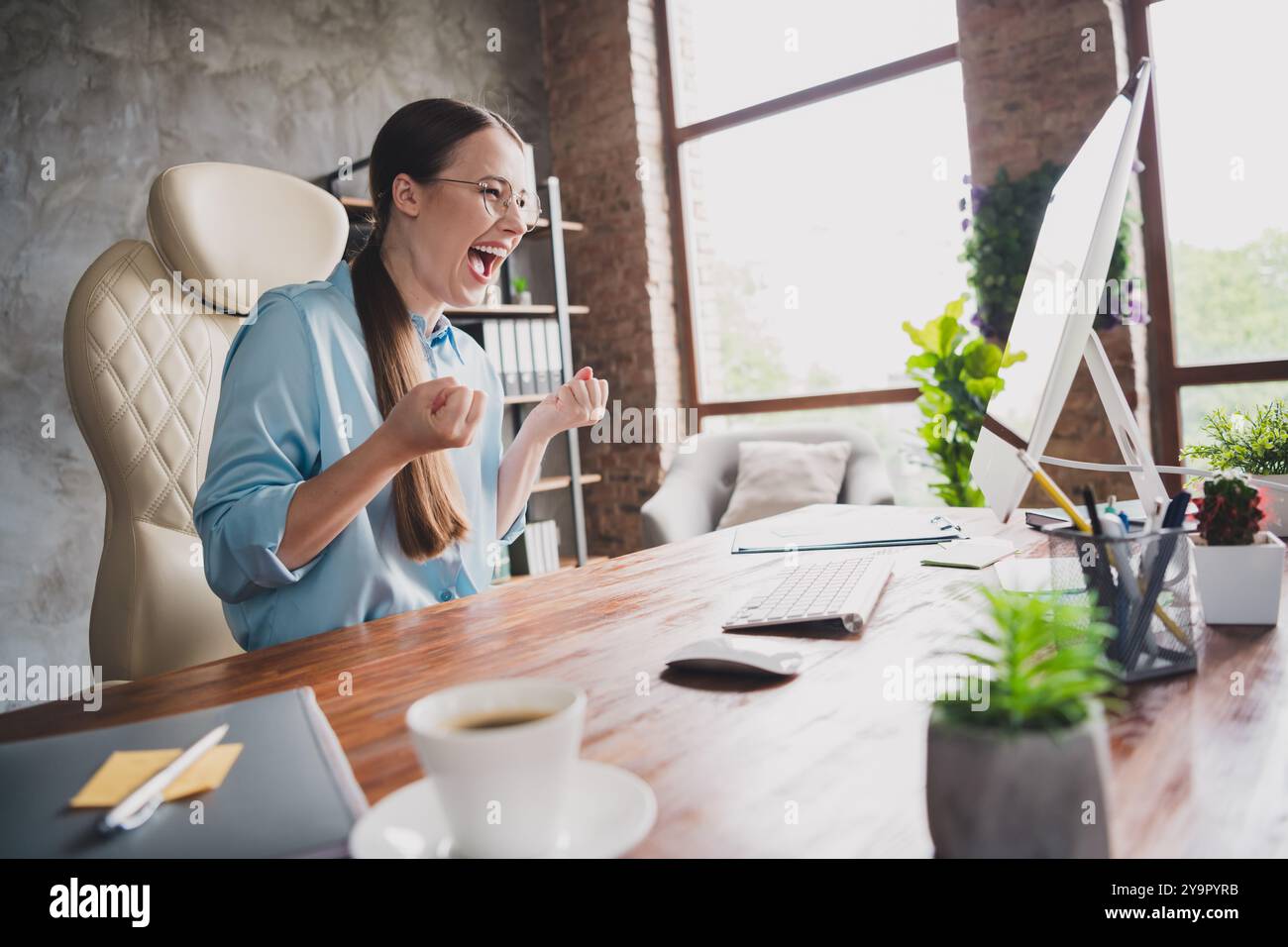 Photo of lucky charming lady assistant wear shirt glasses finishing ...