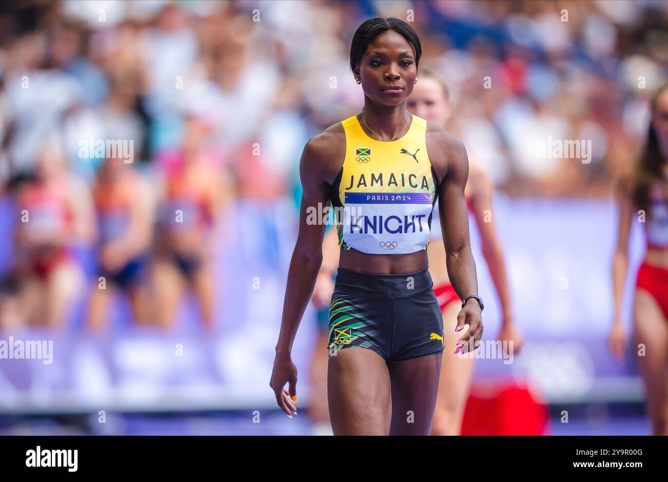 Andrenette Knight participating in the 4X400 meters relay at the Paris ...
