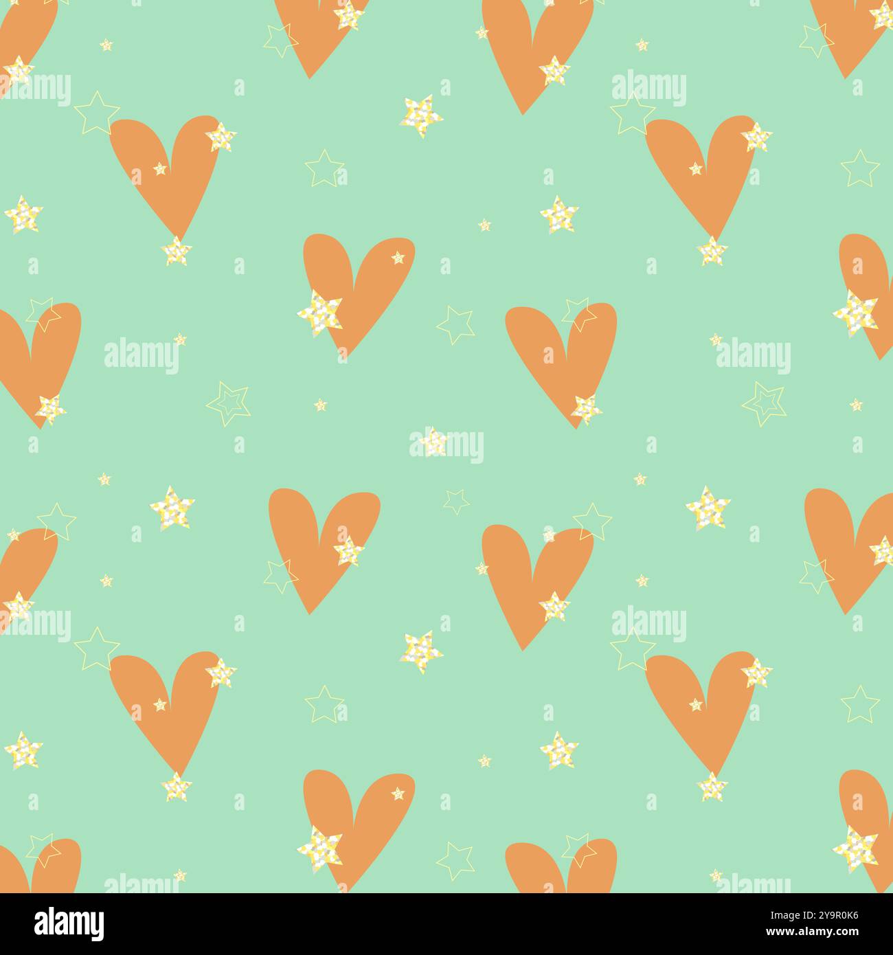 Pattern with hearts and shining stars on mint background. Vector ...