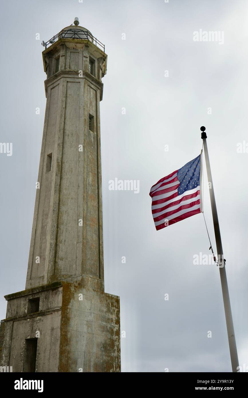 The Lighthouse on Alcatraz Island with Stars and Stripes flag Stock ...