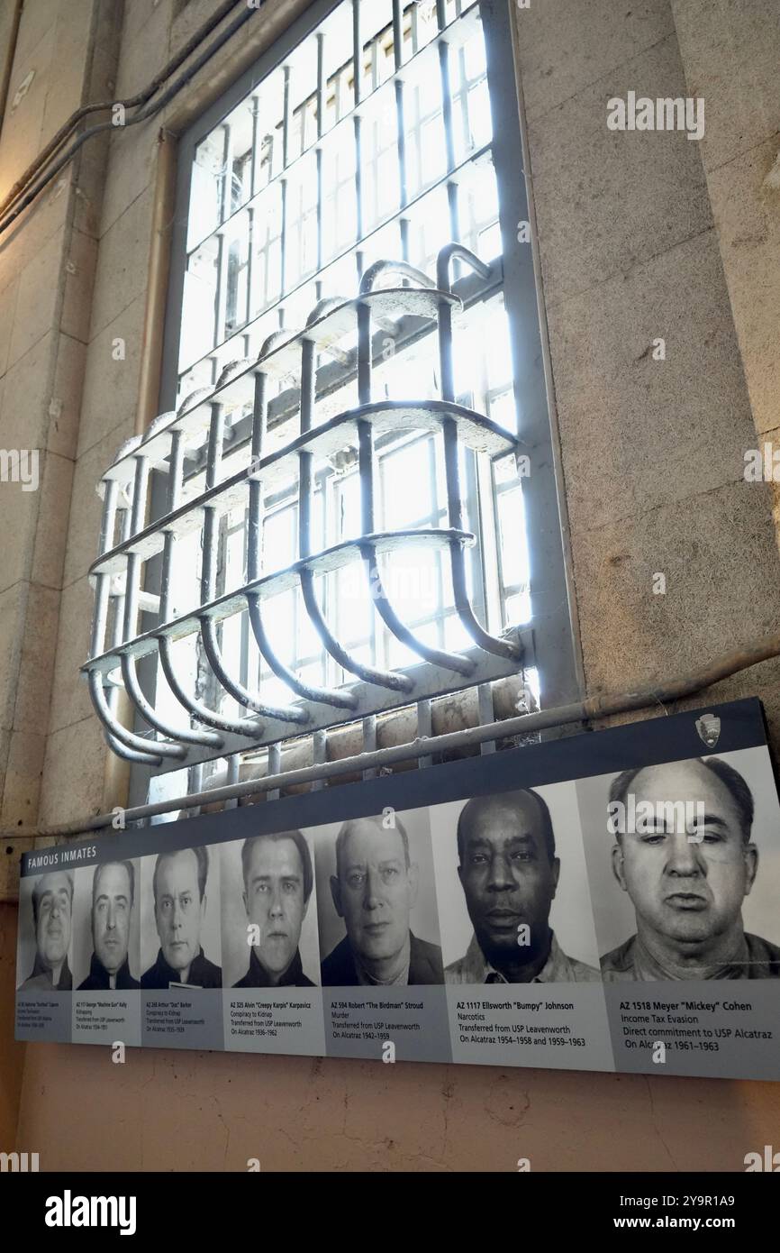 Vintage Images of famous inmates at Alcatraz Prison under a barred ...