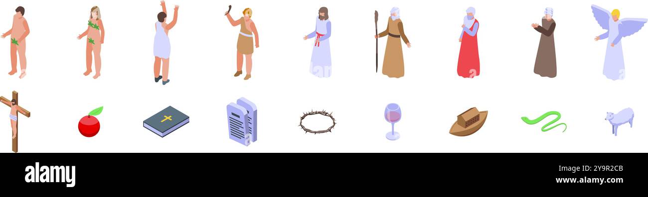 Bible character icons set. This isometric icon set represents ...