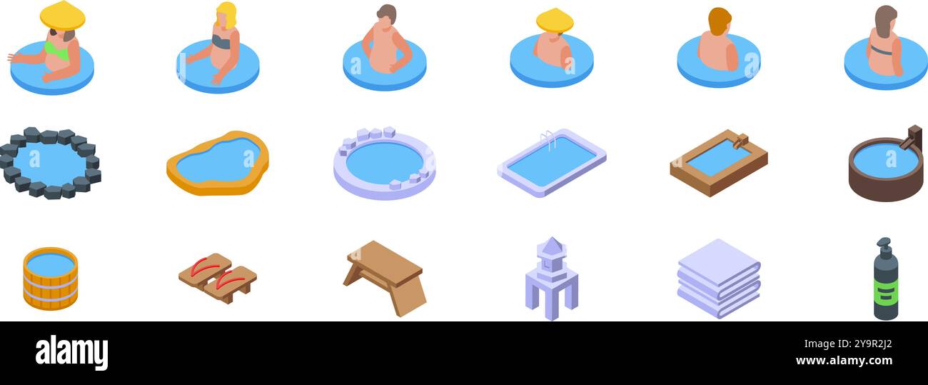 Japanese onsen icons set. Tourists and locals enjoying traditional ...