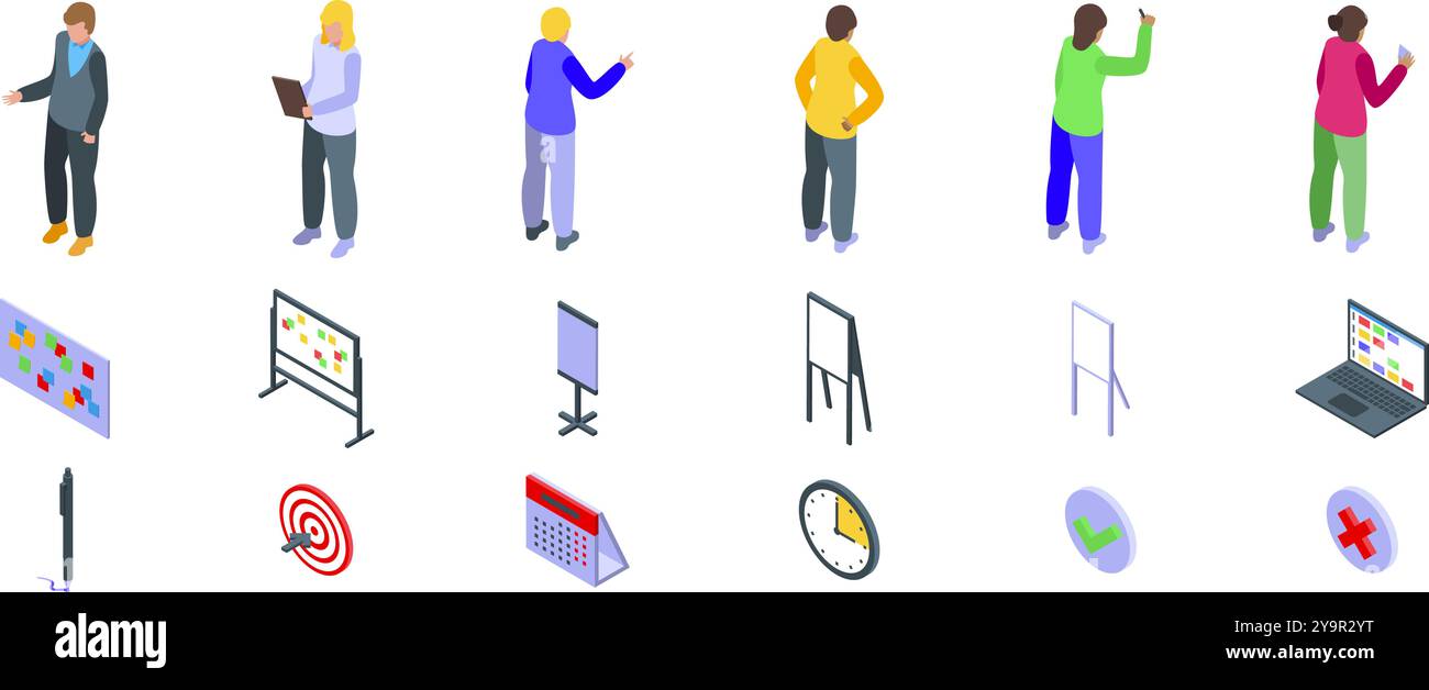 Scrum Board Icons Set Set Of Managers Characters Working On Startup