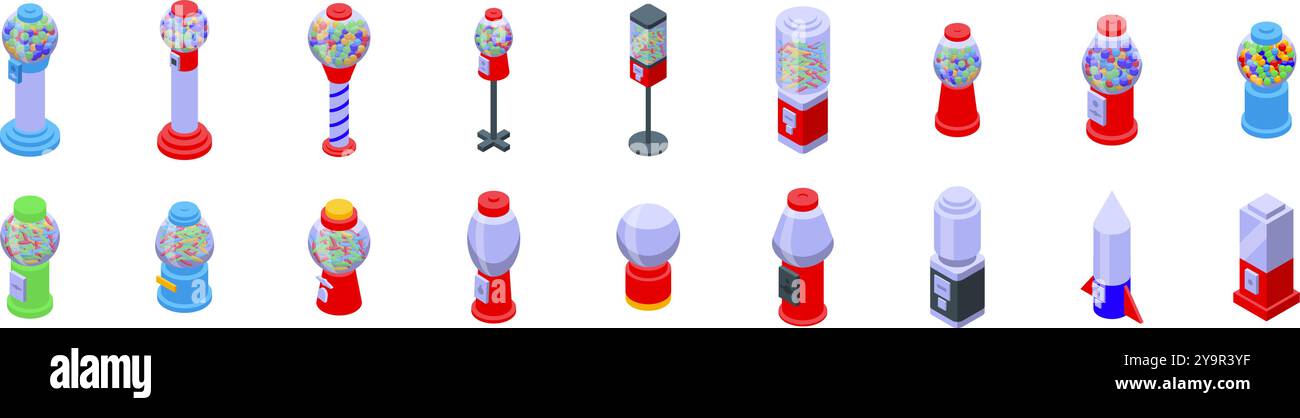Gumball machine icons set. This set features gumball machines in ...