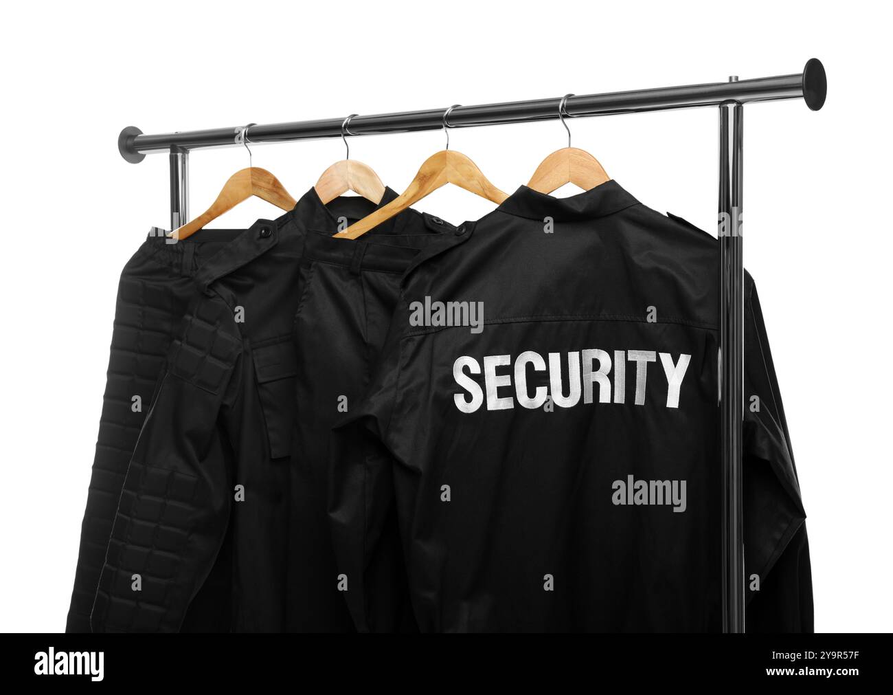 Security guard's uniform on clothing rack isolated on white Stock Photo ...