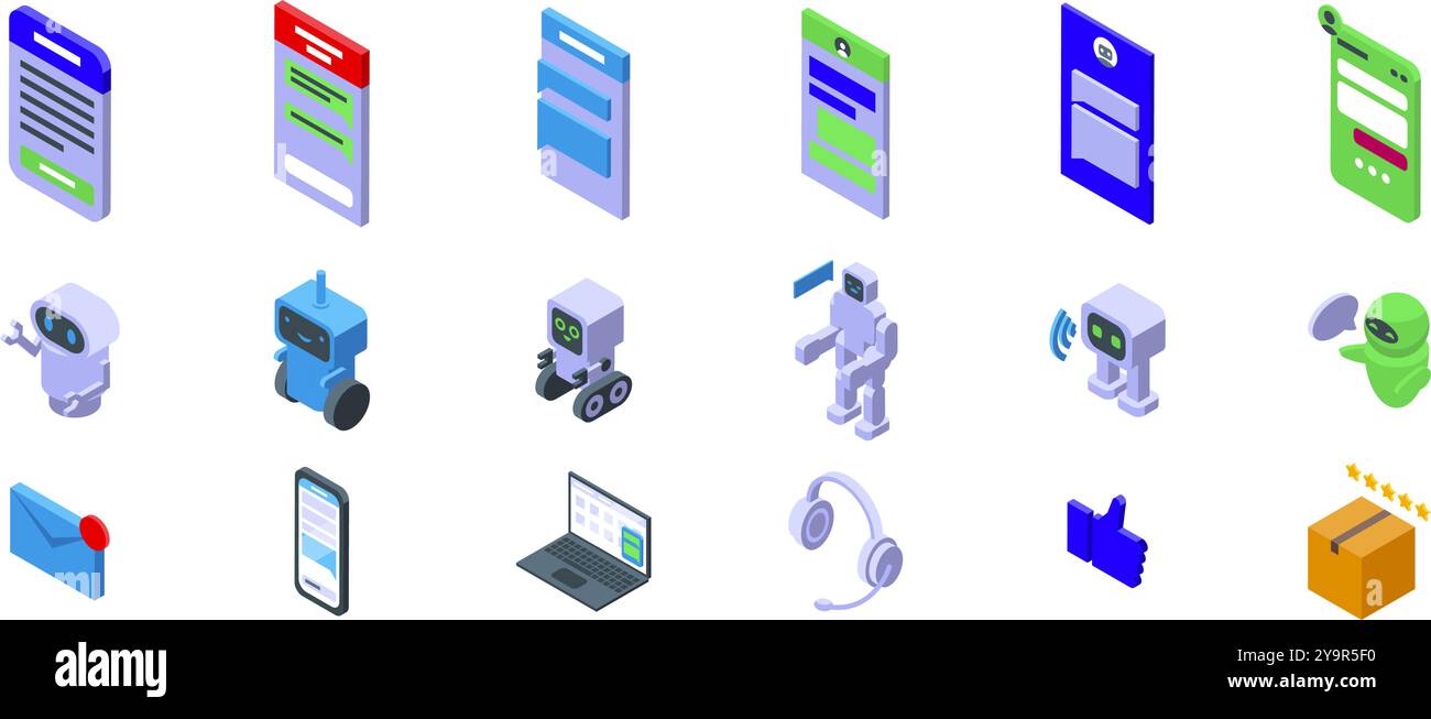 Bot window icons set. Chatbot providing customer support using ...