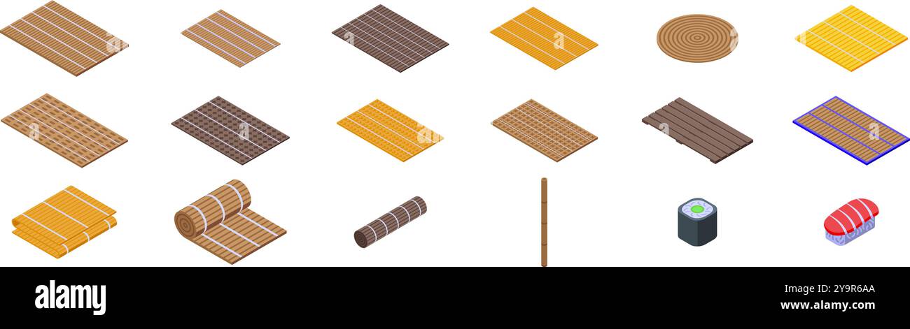 Bamboo mat icons set. Different types of bamboo mats used in japanese ...