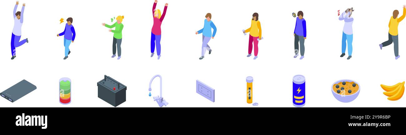 Recharge human icons set. People demonstrating their energy levels ...
