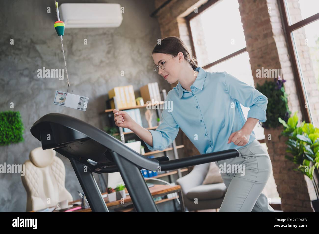 Photo of purposeful positive lady recruiter dressed shirt running ...