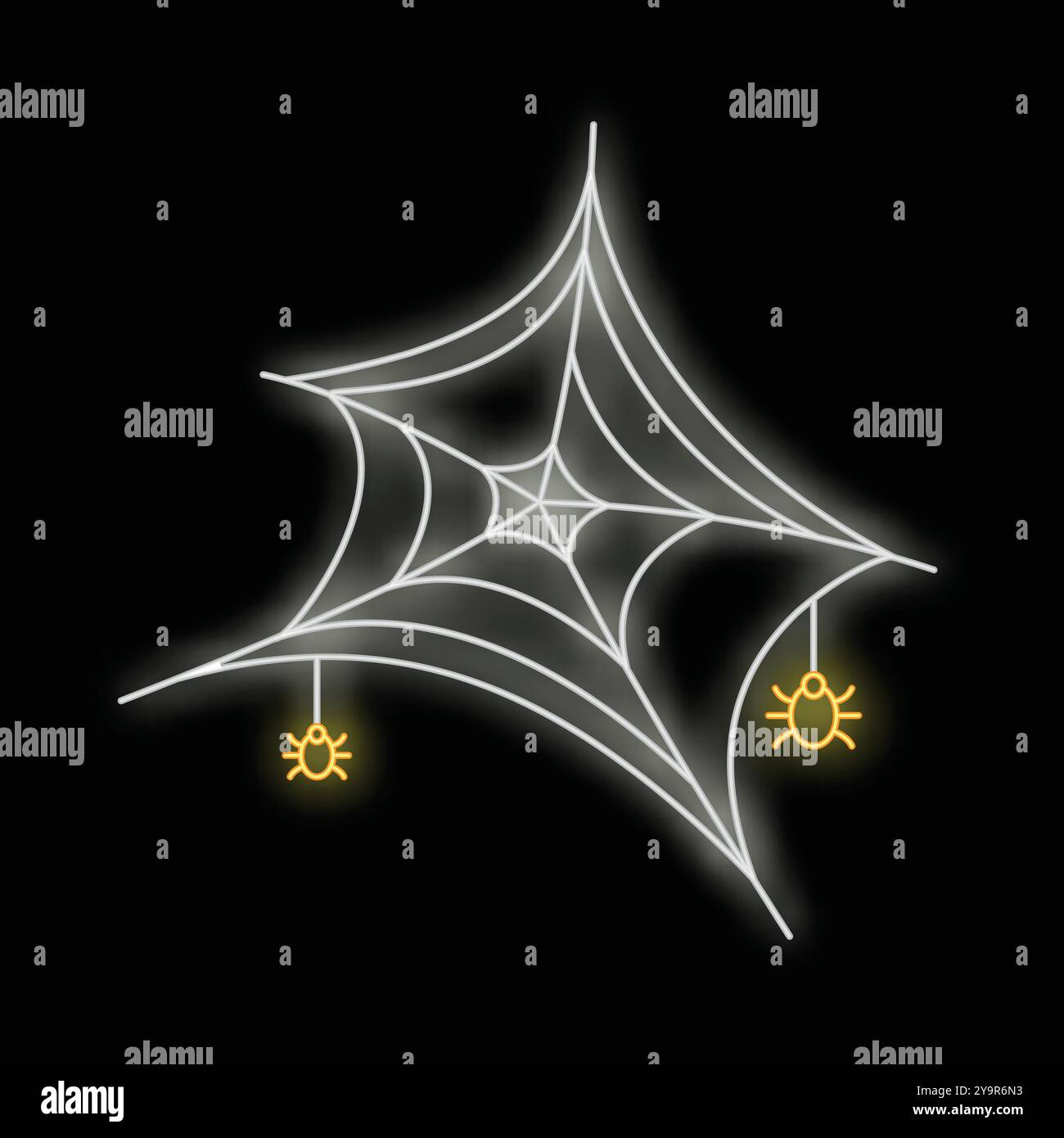 White neon spiderweb with two yellow neon spiders glowing on a black ...