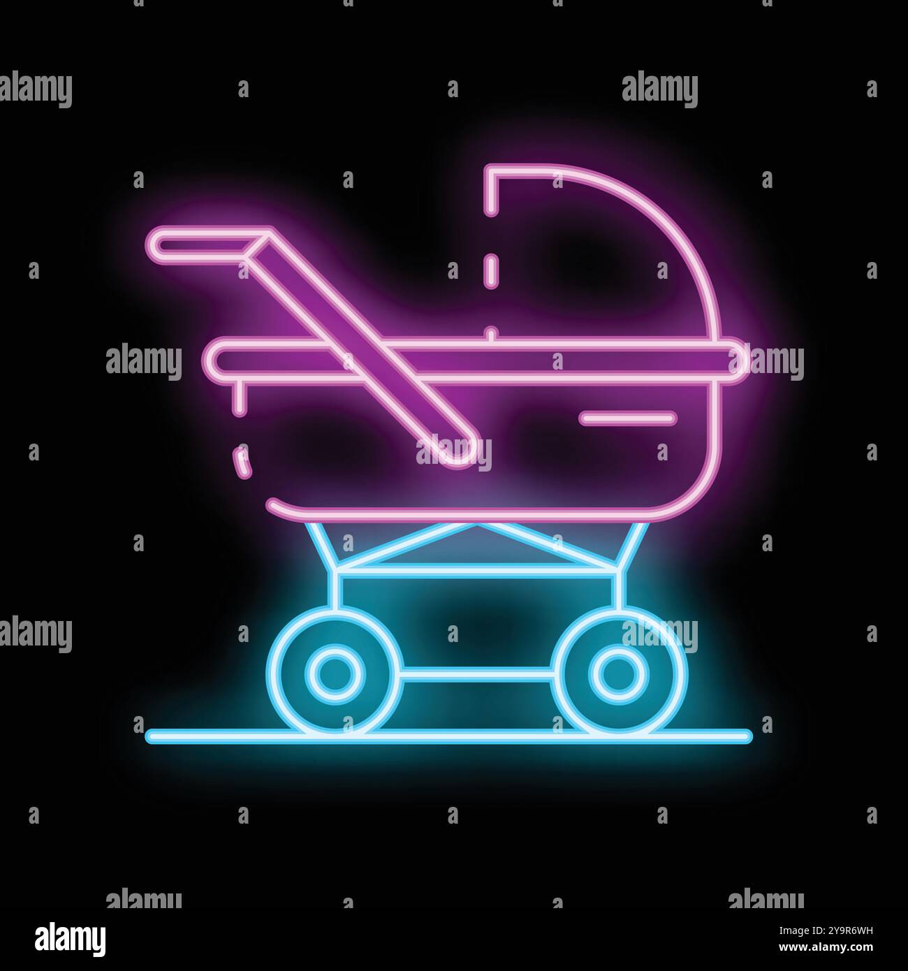 Bright pink and blue neon sign depicting a baby carriage, evoking ...