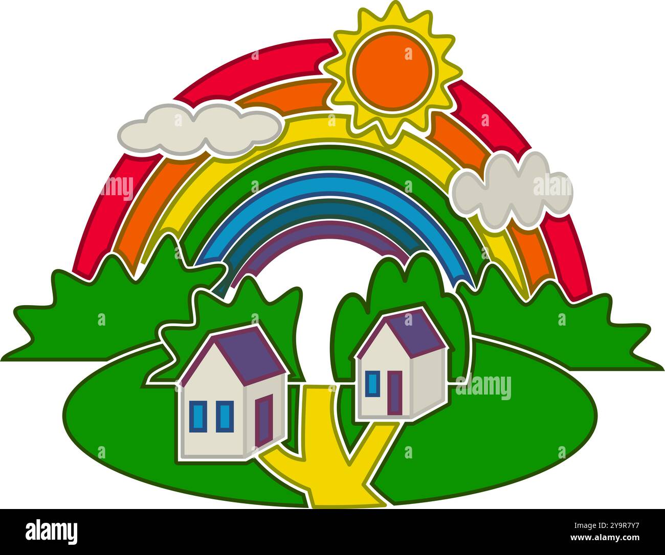 Bucolic illustration with 3D effect showing country landscape and some ...