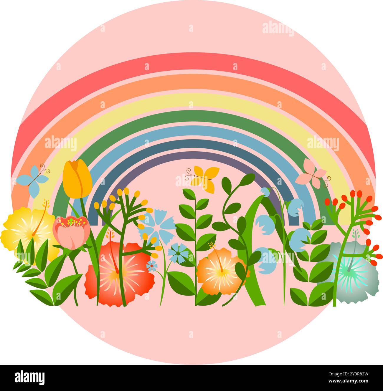 Floral composition with blooming summer plants and rainbow drawing in ...