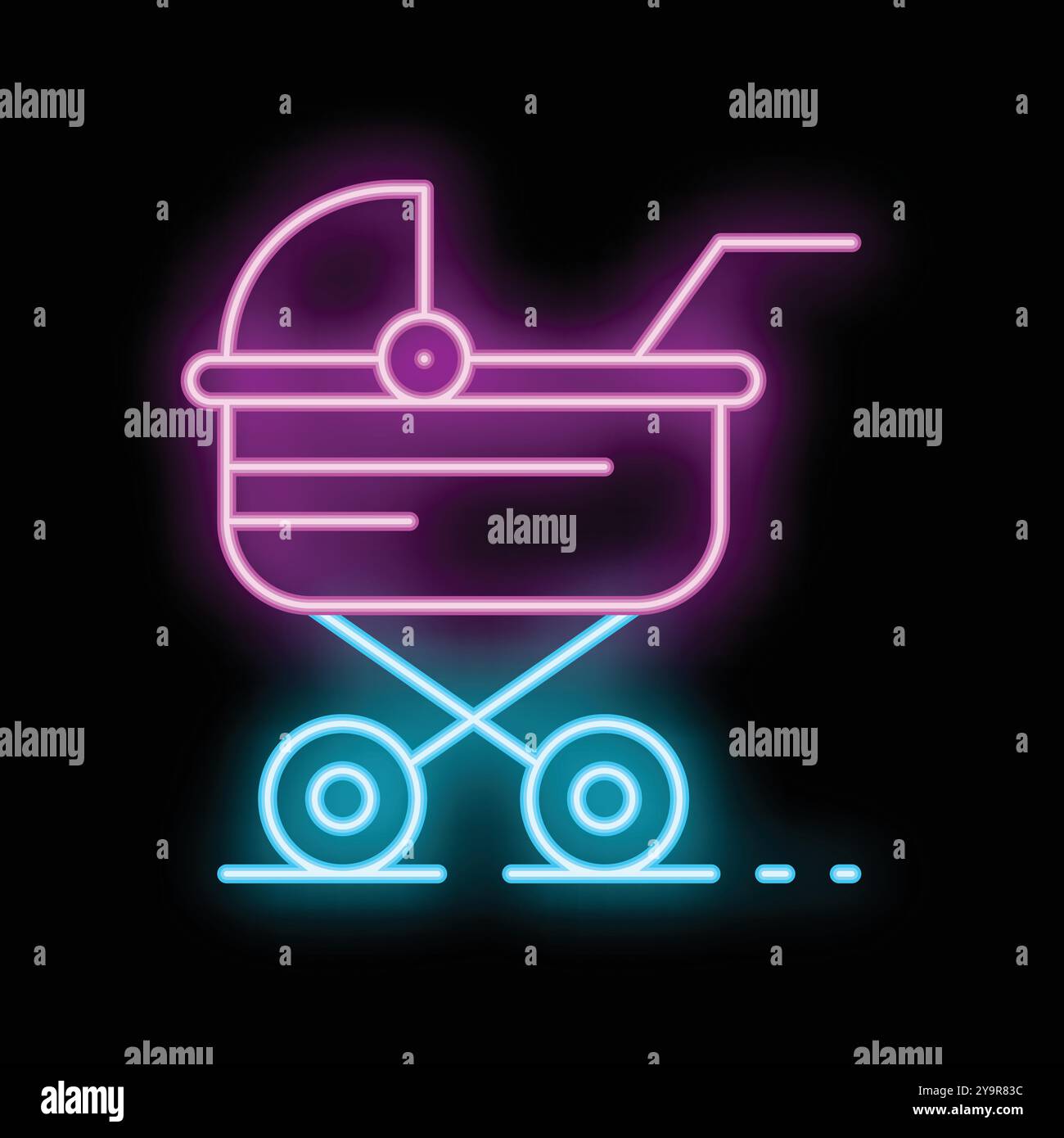 Neon icon of baby stroller glowing on dark background, representing ...