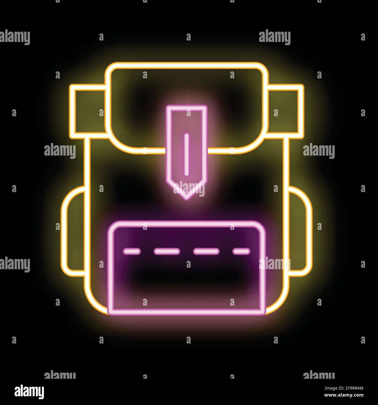 Neon sign depicting a backpack glowing in the dark, perfect for themes ...