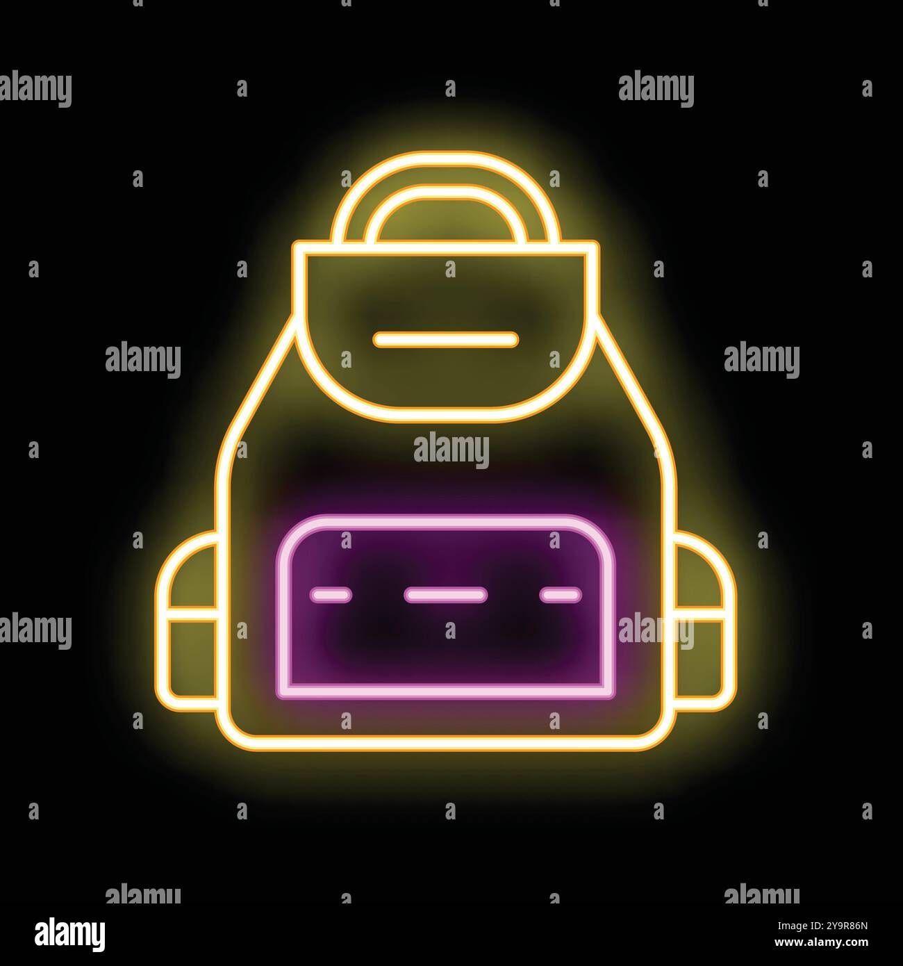 Neon sign of a school or travel backpack glowing yellow and purple on a ...