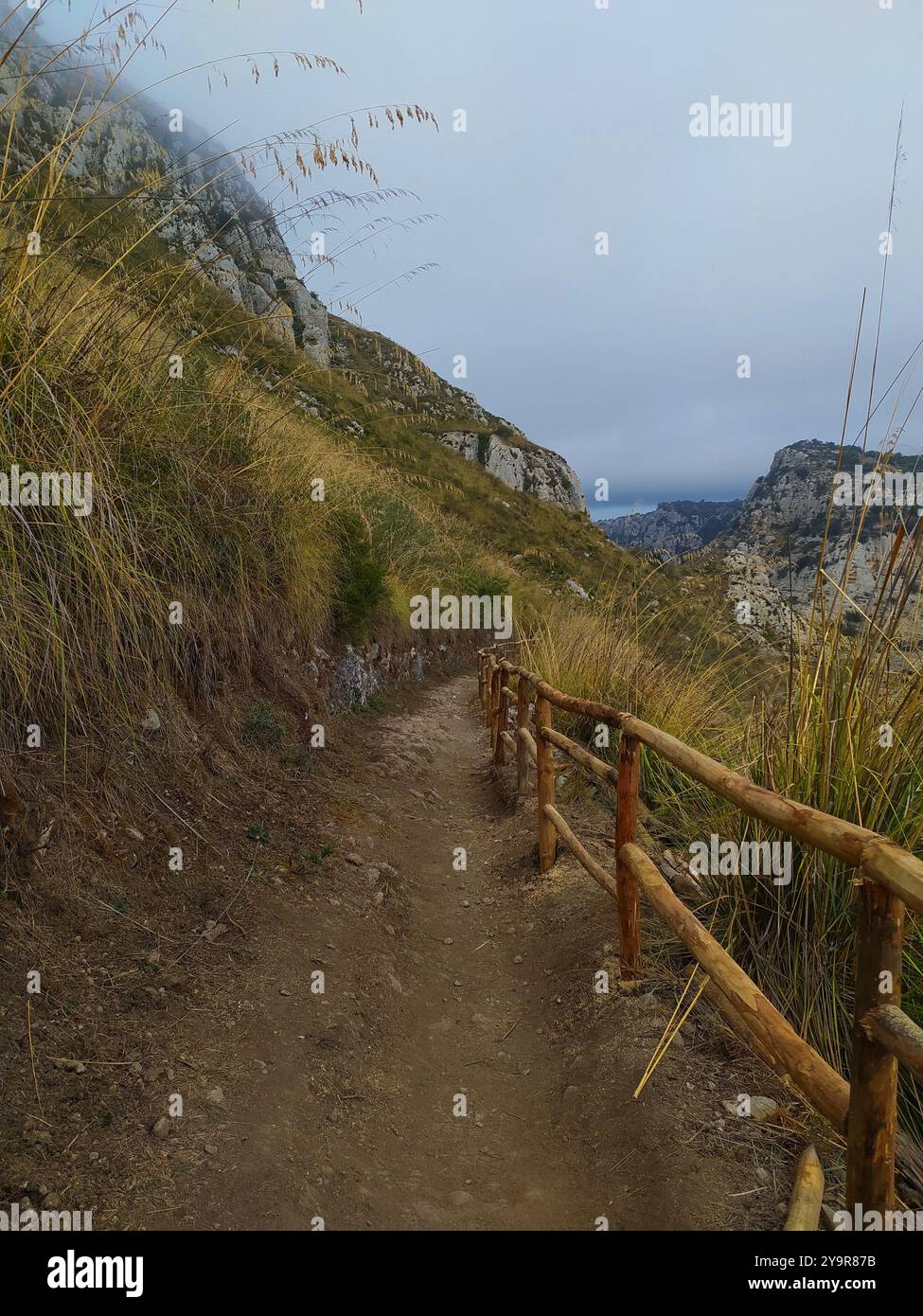 Dirt Path with Wooden Fence on Foggy Hill - Hiking in Natural Landscape ...