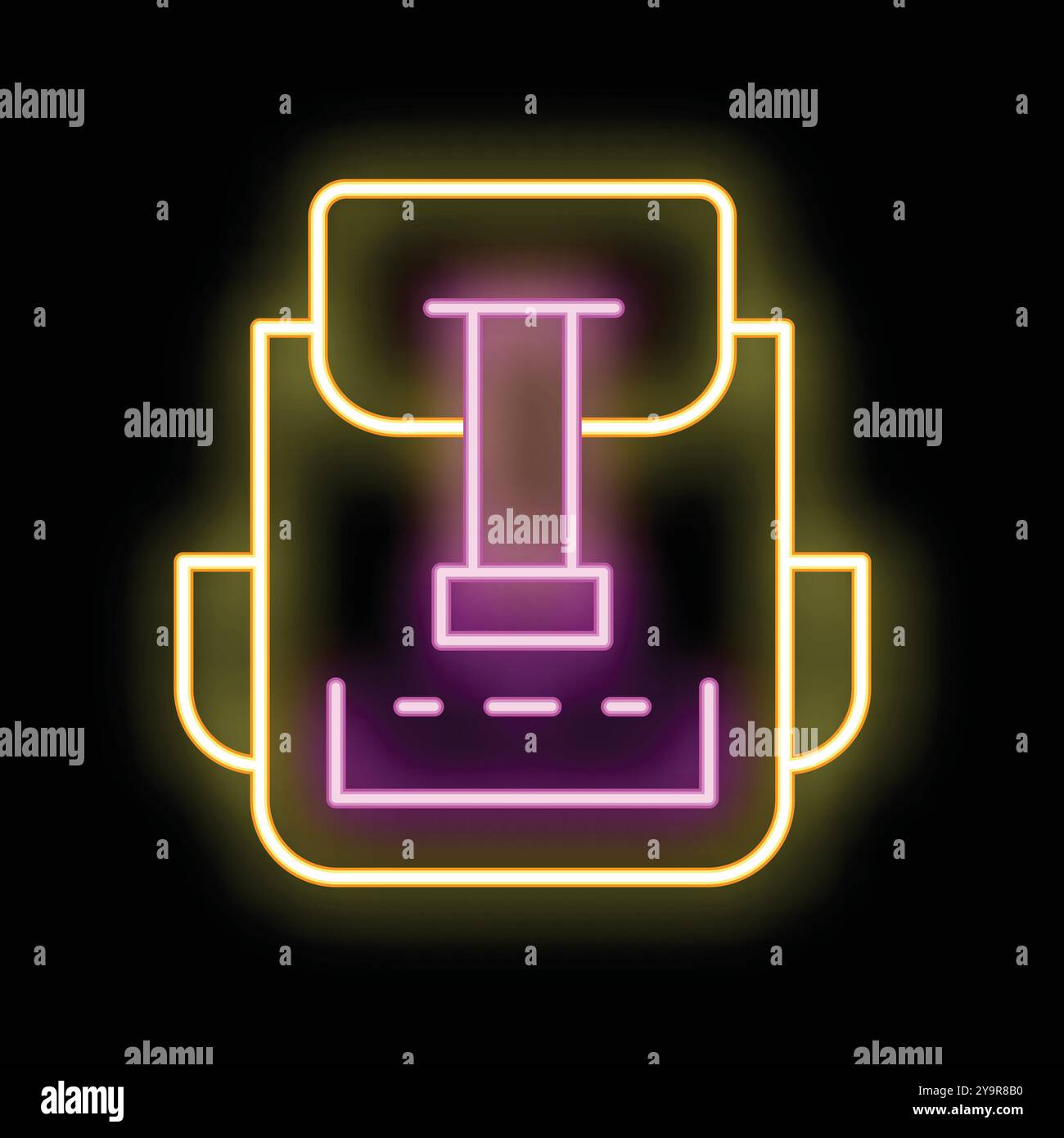 Bright yellow neon sign in the shape of a backpack, glowing on a dark ...