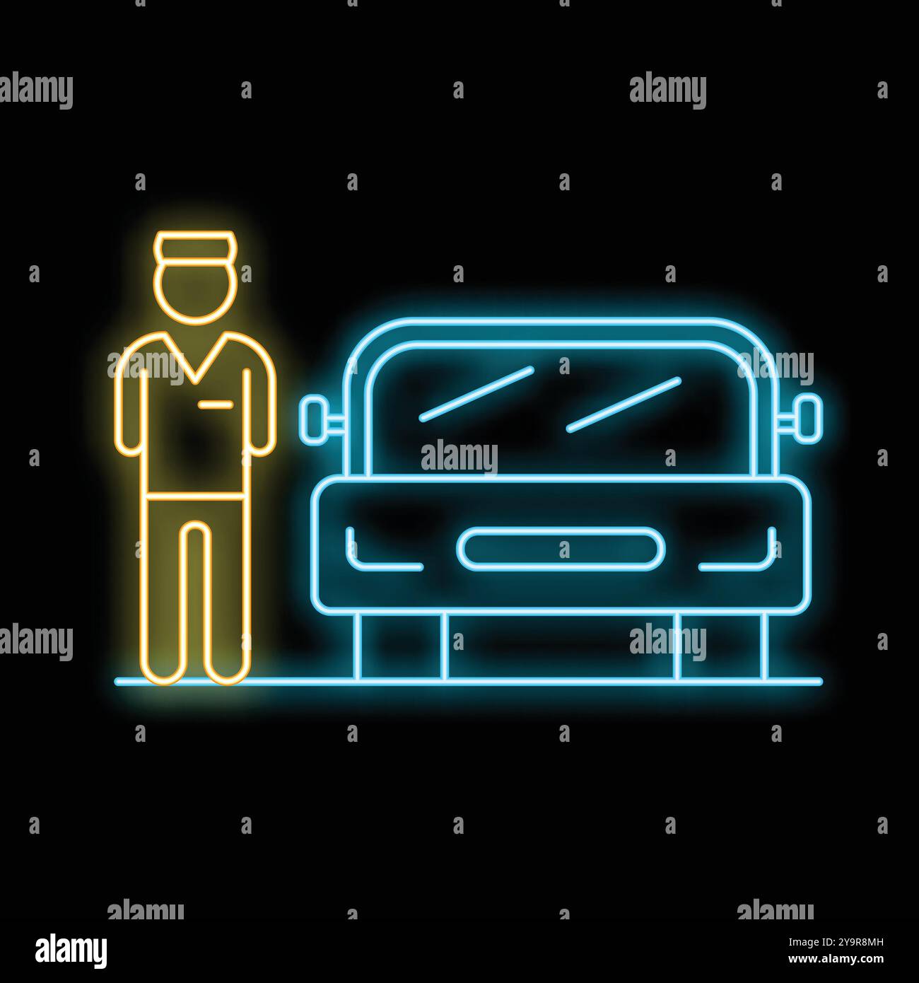 Neon glowing icon of valet parking attendant wearing uniform standing ...