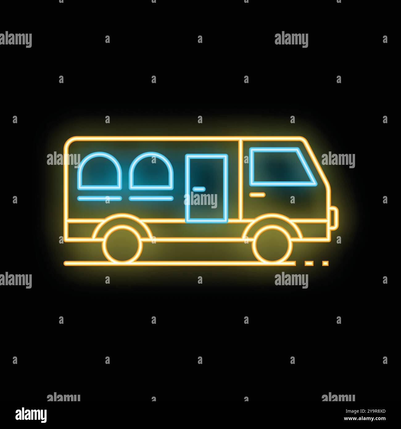 Neon bus icon is glowing on a dark background, representing public ...