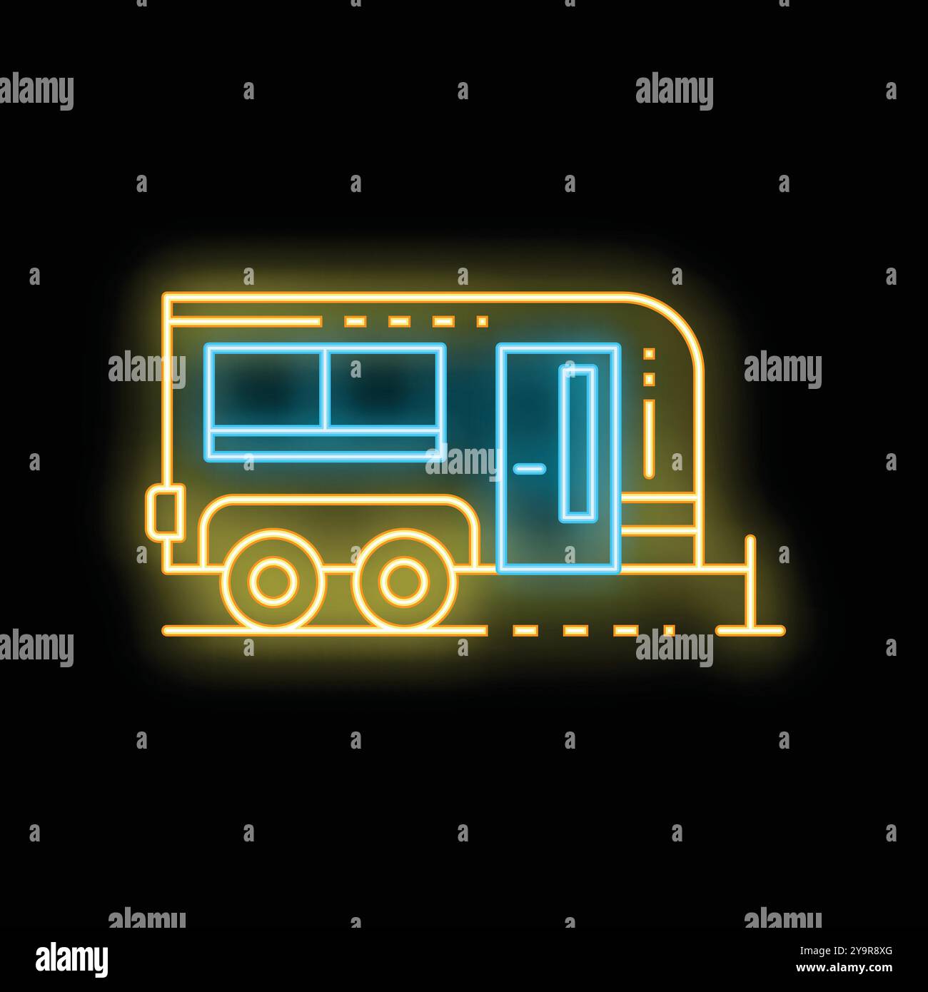 Vibrant neon sign depicting a camper van, illuminating the night with ...