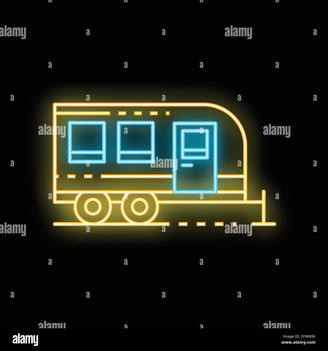 Glowing neon line travel trailer icon isolated on a black background ...
