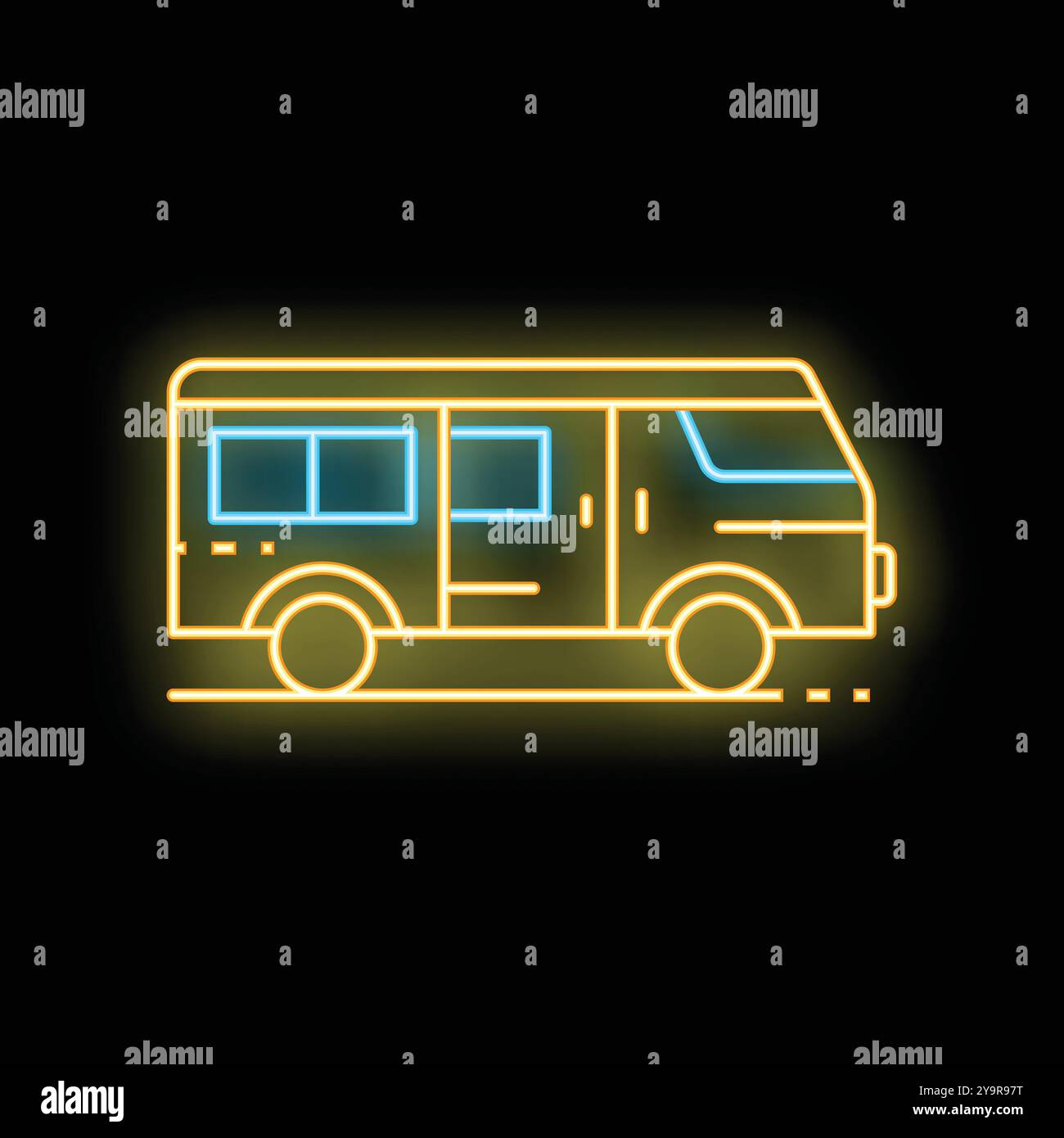 Neon bus icon moving fast on black background, transportation concept ...