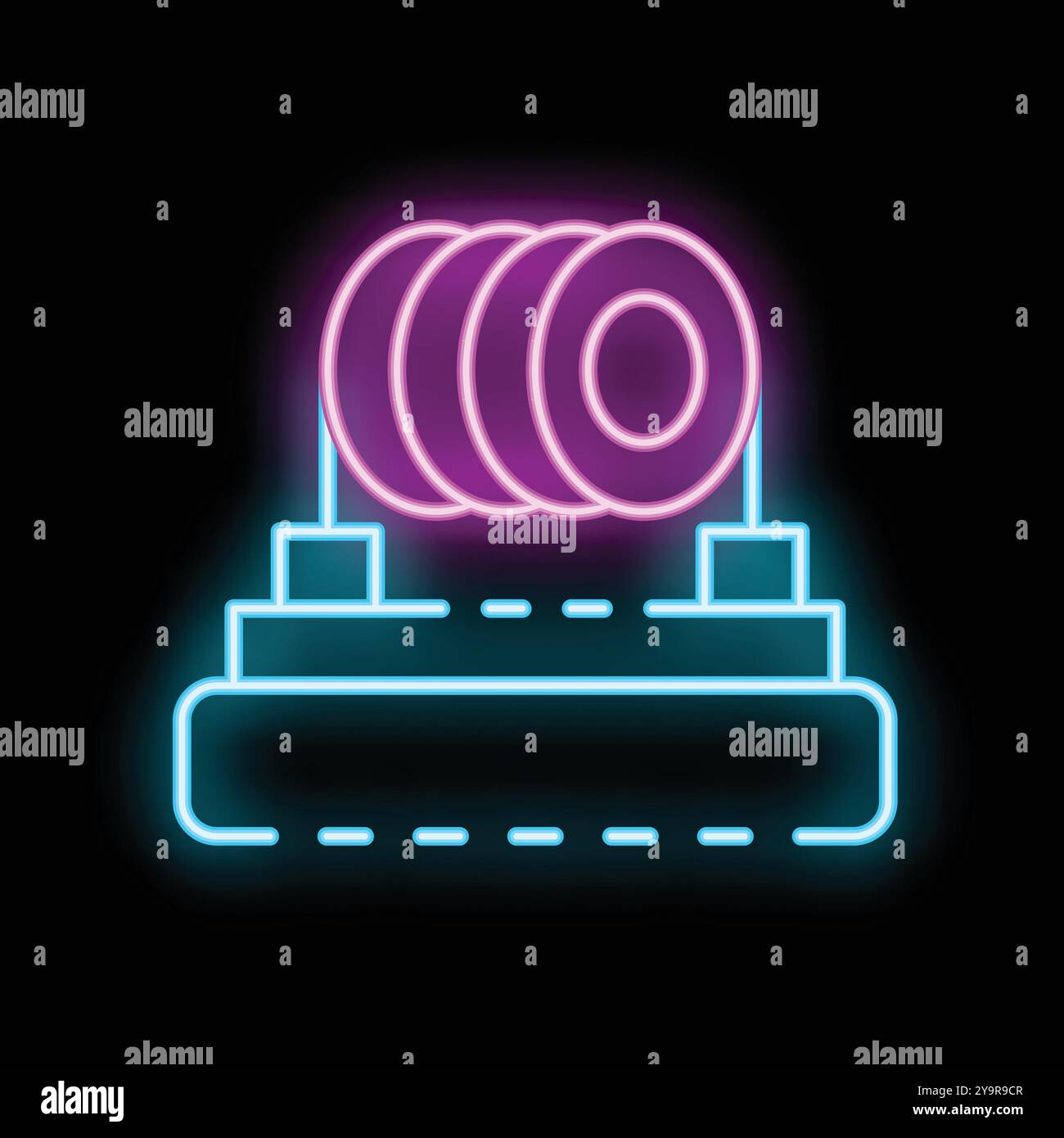 Neon sign representing a road roller working at night, a symbol for ...