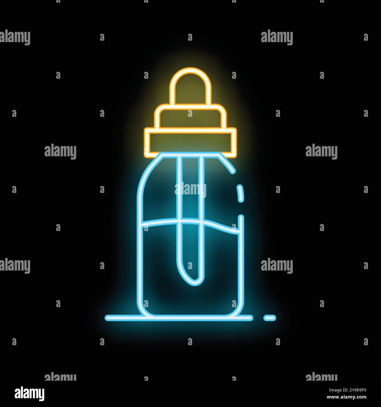 Blue and yellow neon sign of dropper bottle with liquid shining on ...