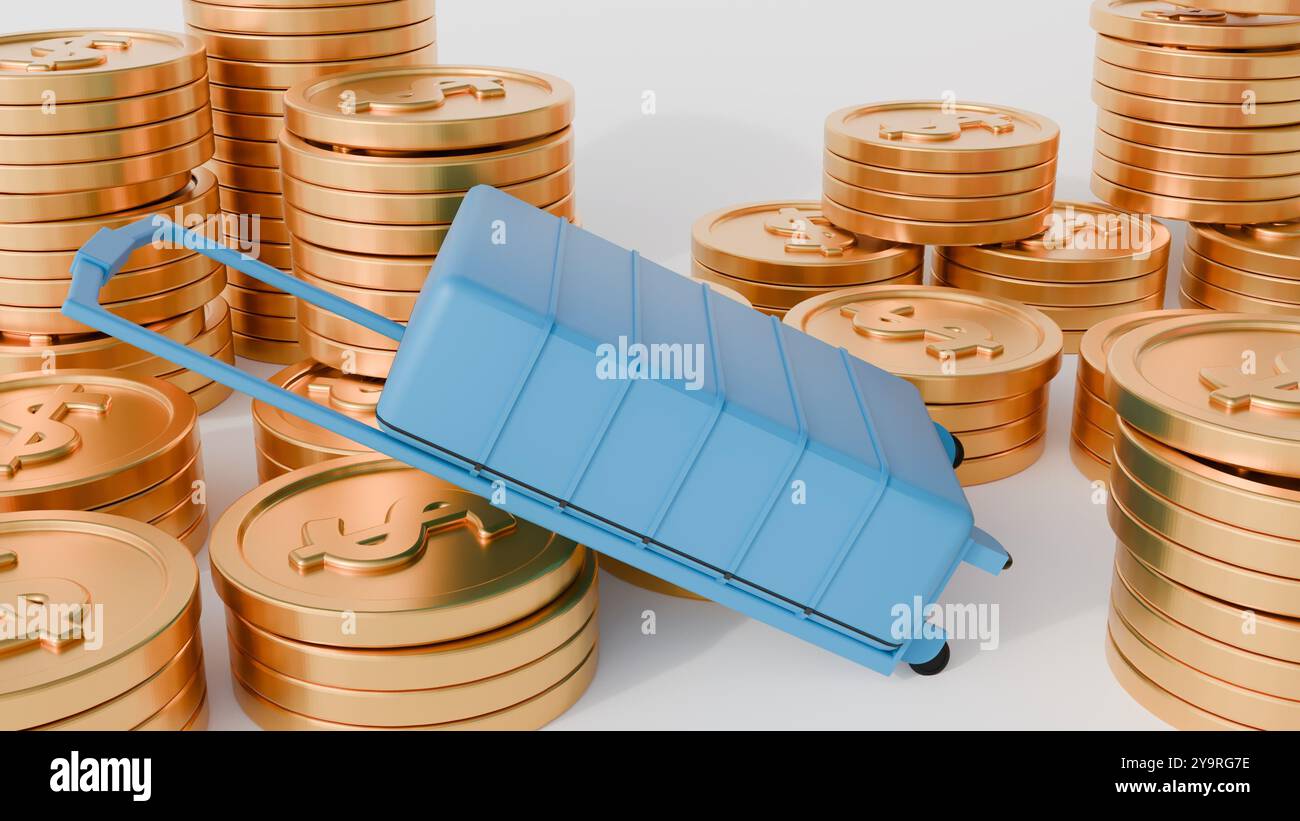 A 3D rendering of a suitcase and a pile of gold coins against a white ...