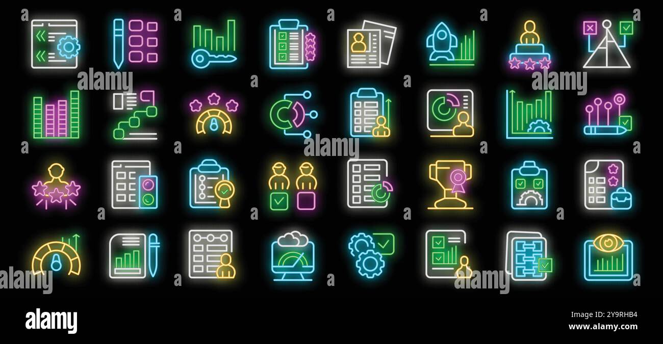 Collection of vibrant neon icons illustrating various aspects of business performance evaluation ...