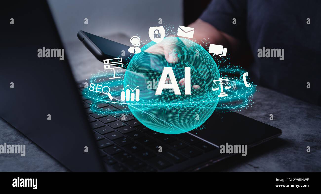 Businesswoman show virtual global interface with AI. Artificial Intelligence. Using command ...