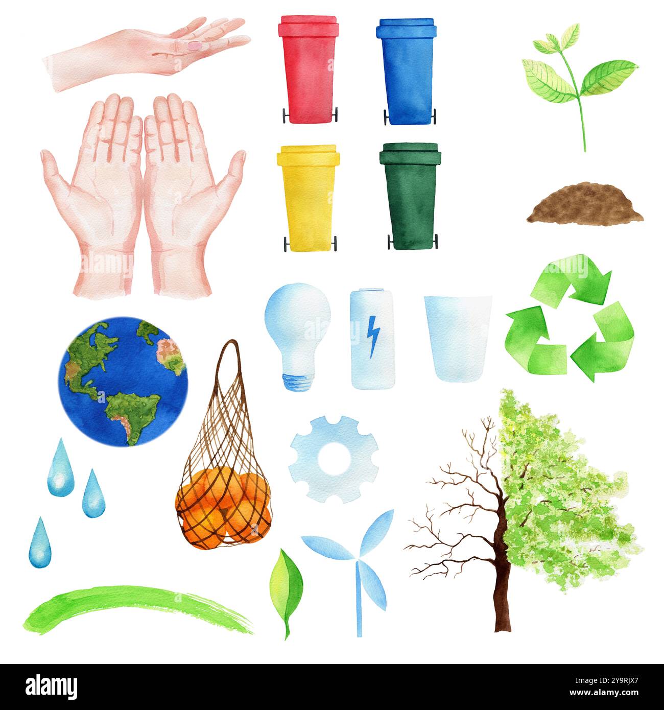 Ecology set of illustrations. Eco symbols, symbol of recycling, planet ...