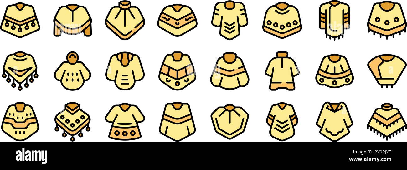 Mexican poncho icons set. Outline set of mexican poncho vector icons ...