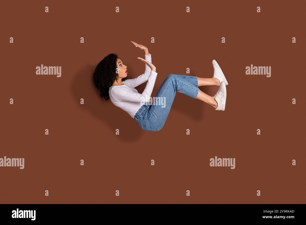 Full body portrait of nice young girl falling wear pullover isolated on ...